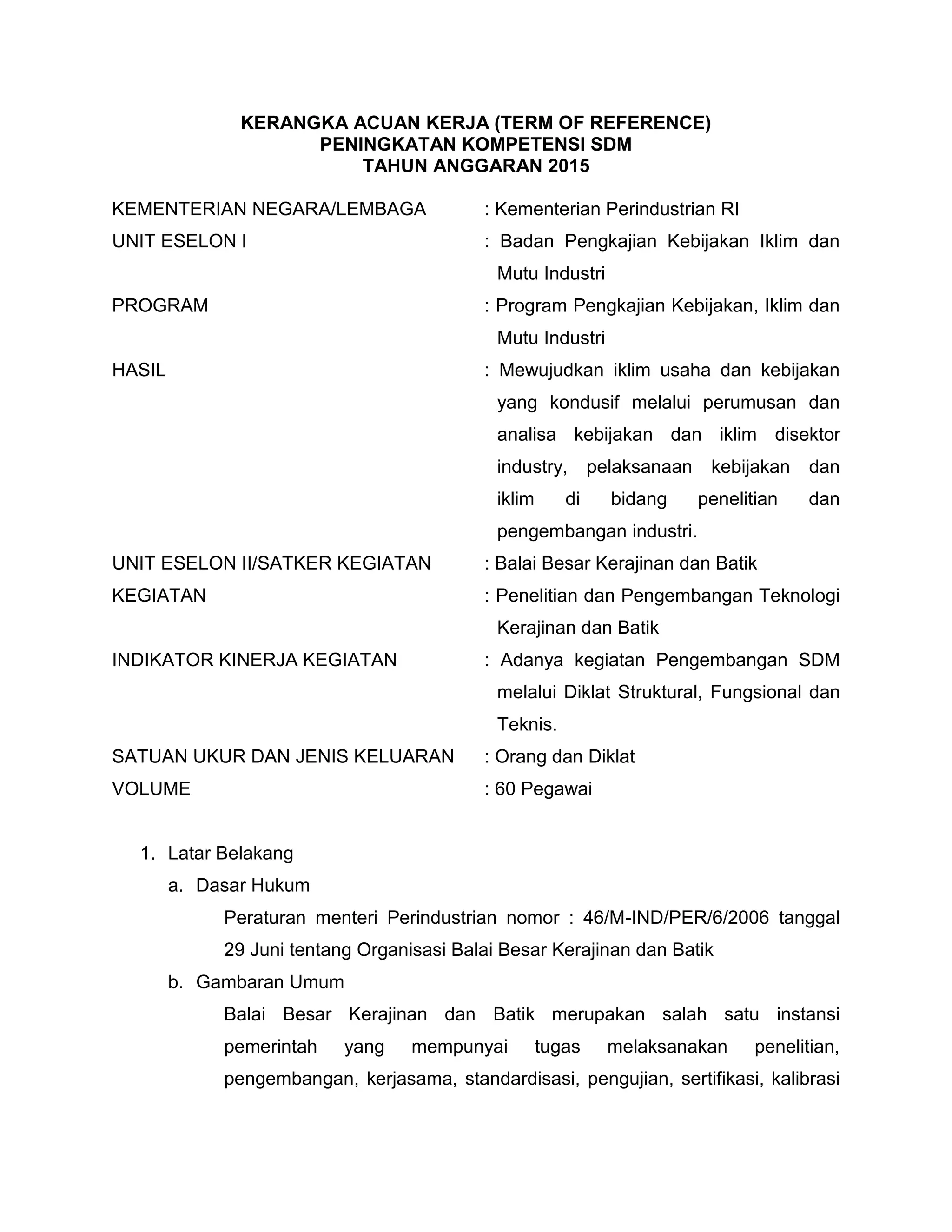 Kumpulan TOR / Kerangka Acuan Kerja | PDF