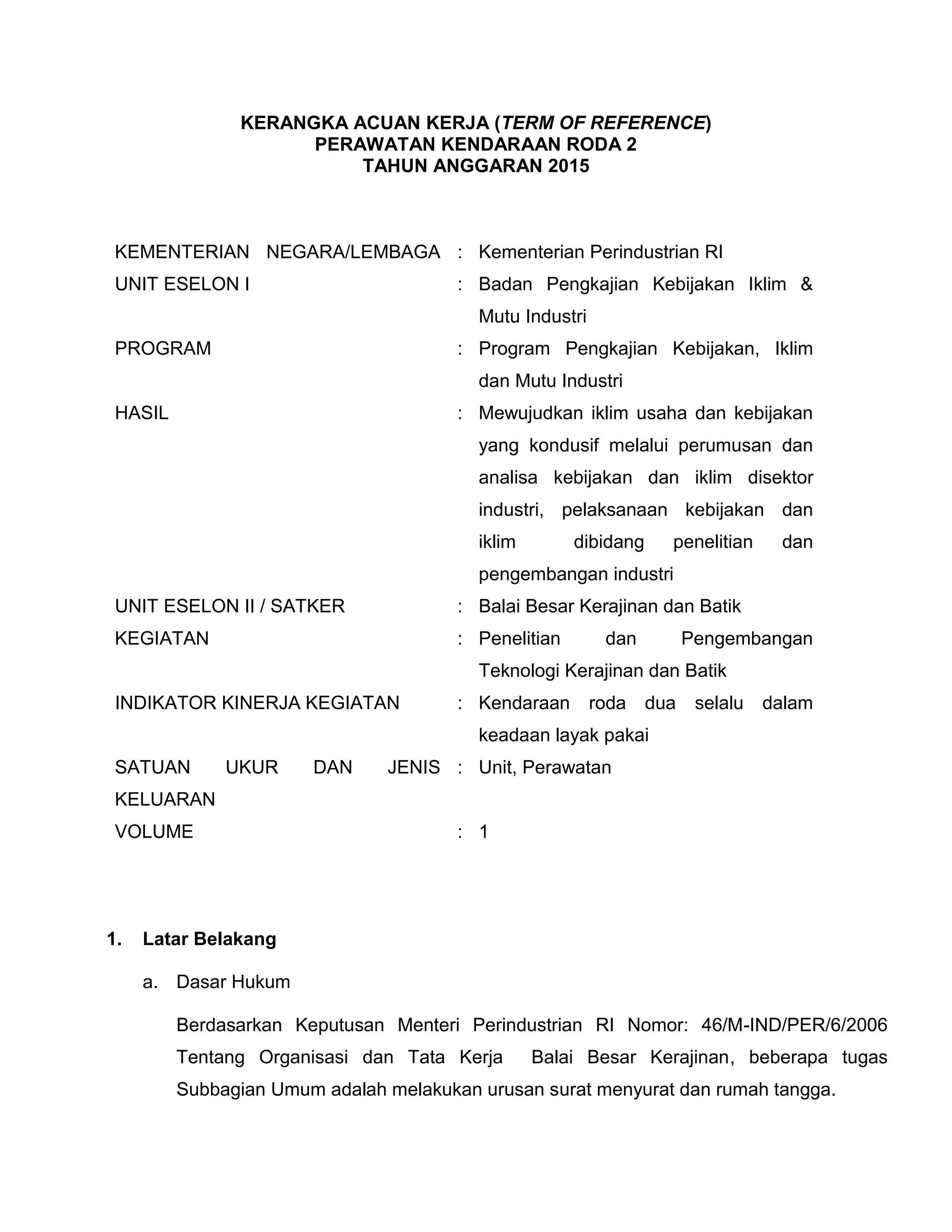 Kumpulan TOR / Kerangka Acuan Kerja | PDF