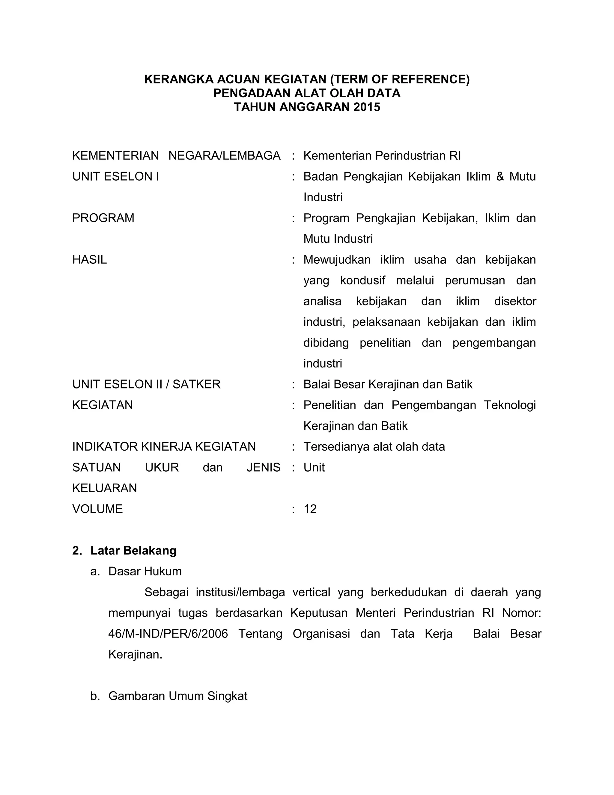 Kumpulan TOR / Kerangka Acuan Kerja | PDF