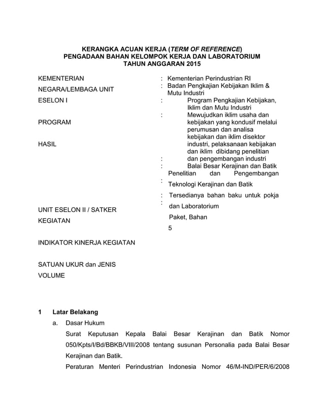 Kumpulan TOR / Kerangka Acuan Kerja | PDF