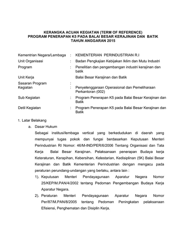 Kumpulan TOR / Kerangka Acuan Kerja | PDF