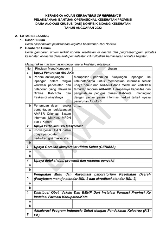 Contoh TOR (Term of Reference) Pelaksanaan Kegiatan Bantuan BOK | PDF