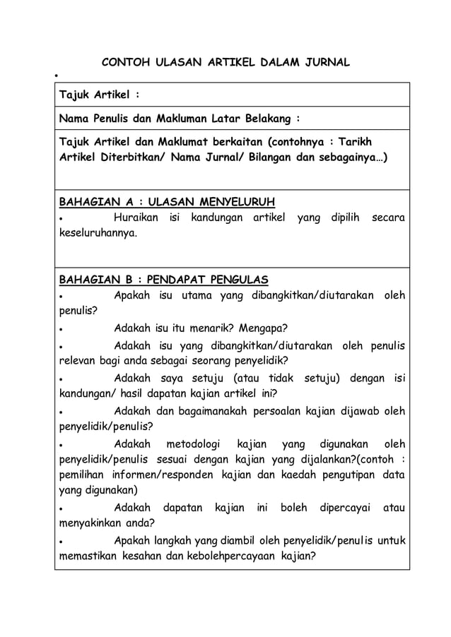 Contoh ulasan artikel dalam jurnal | DOCX