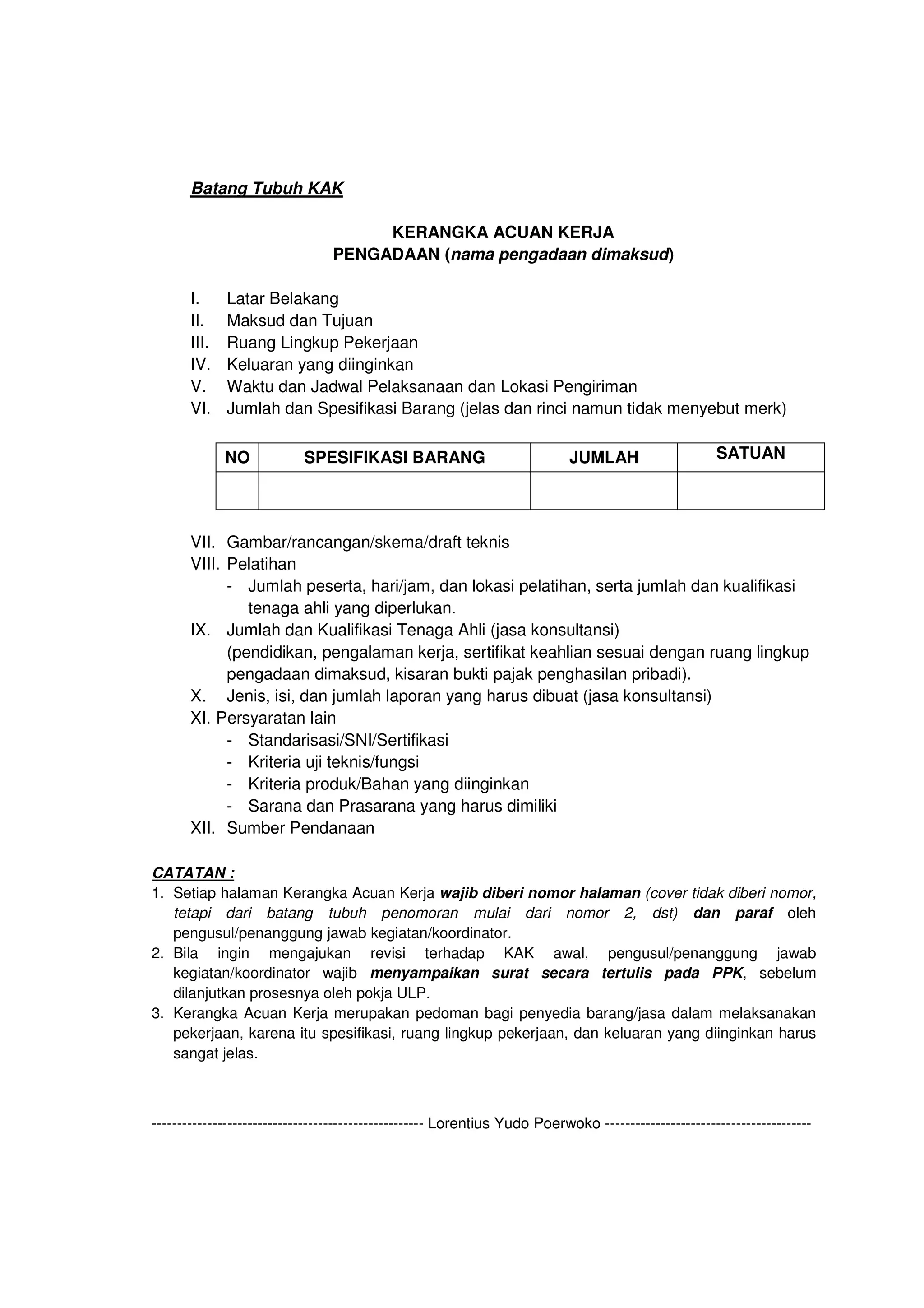 Contoh Kerangka Acuan Kerja (KAK) pengadaan barang jasa pemerintah | PDF