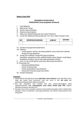 Contoh Kerangka Acuan Kerja (KAK) pengadaan barang jasa pemerintah | PDF