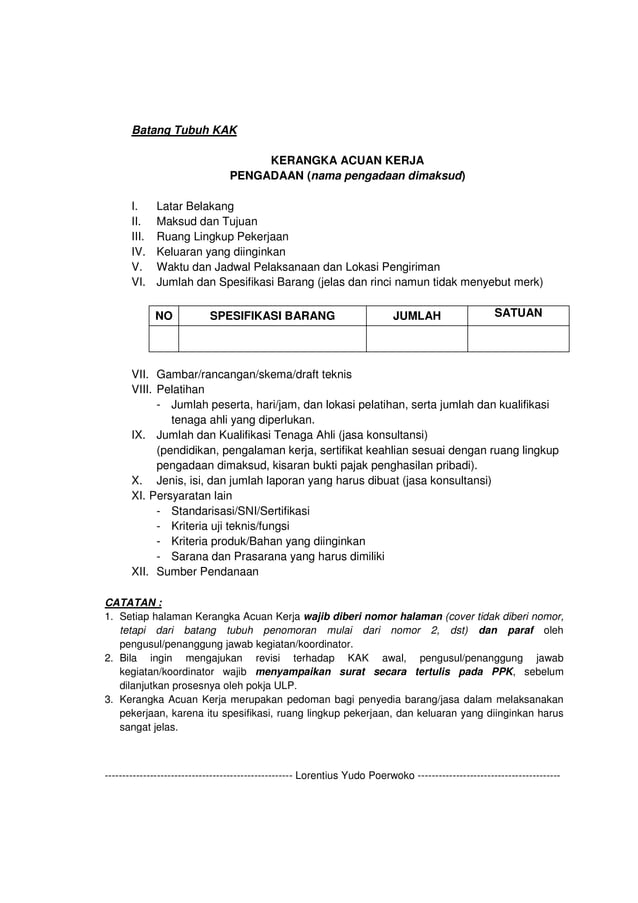 Contoh Kerangka Acuan Kerja (KAK) pengadaan barang jasa pemerintah | PDF
