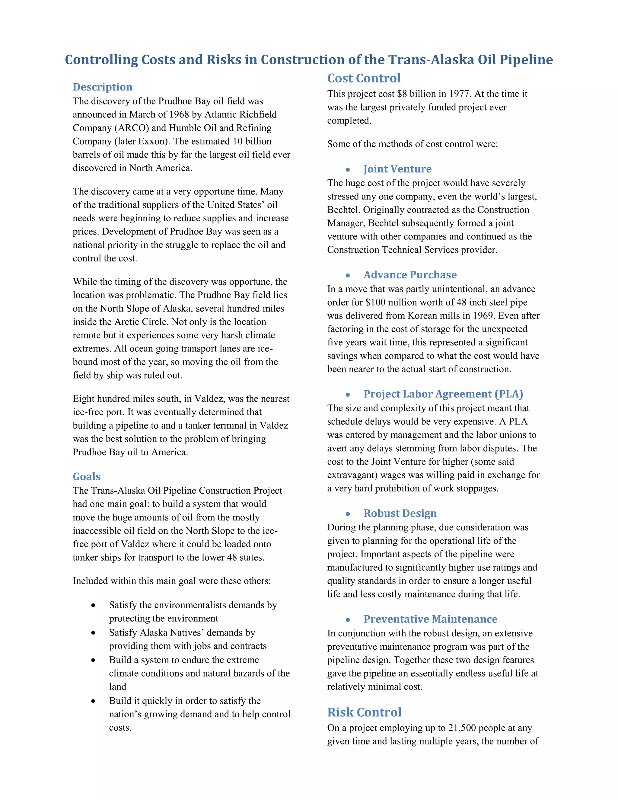 Contolling Costs And Risks In Construction Of The Trans Alaska Oil ...