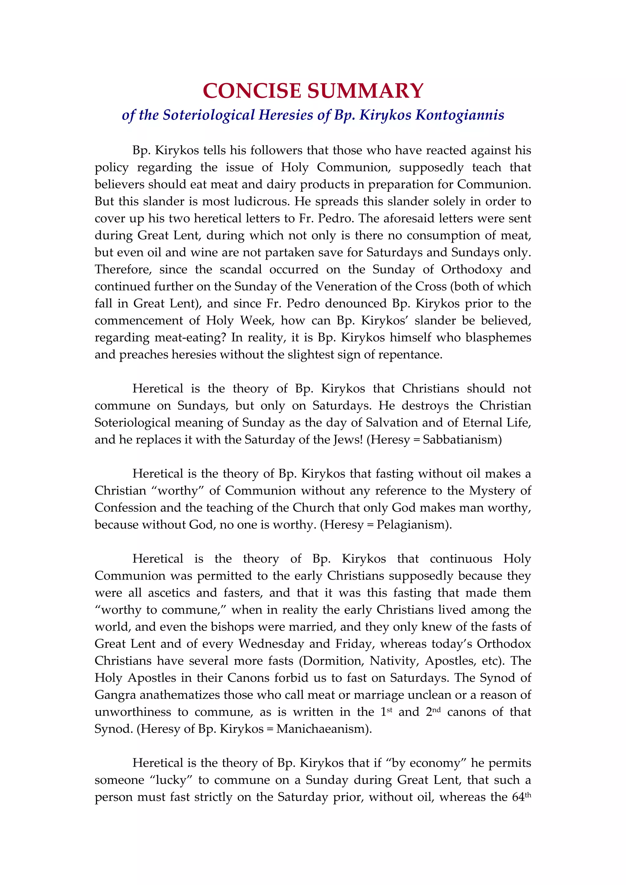 A Concise Summary of the Soteriological Heresies of Bp. Kirykos ...
