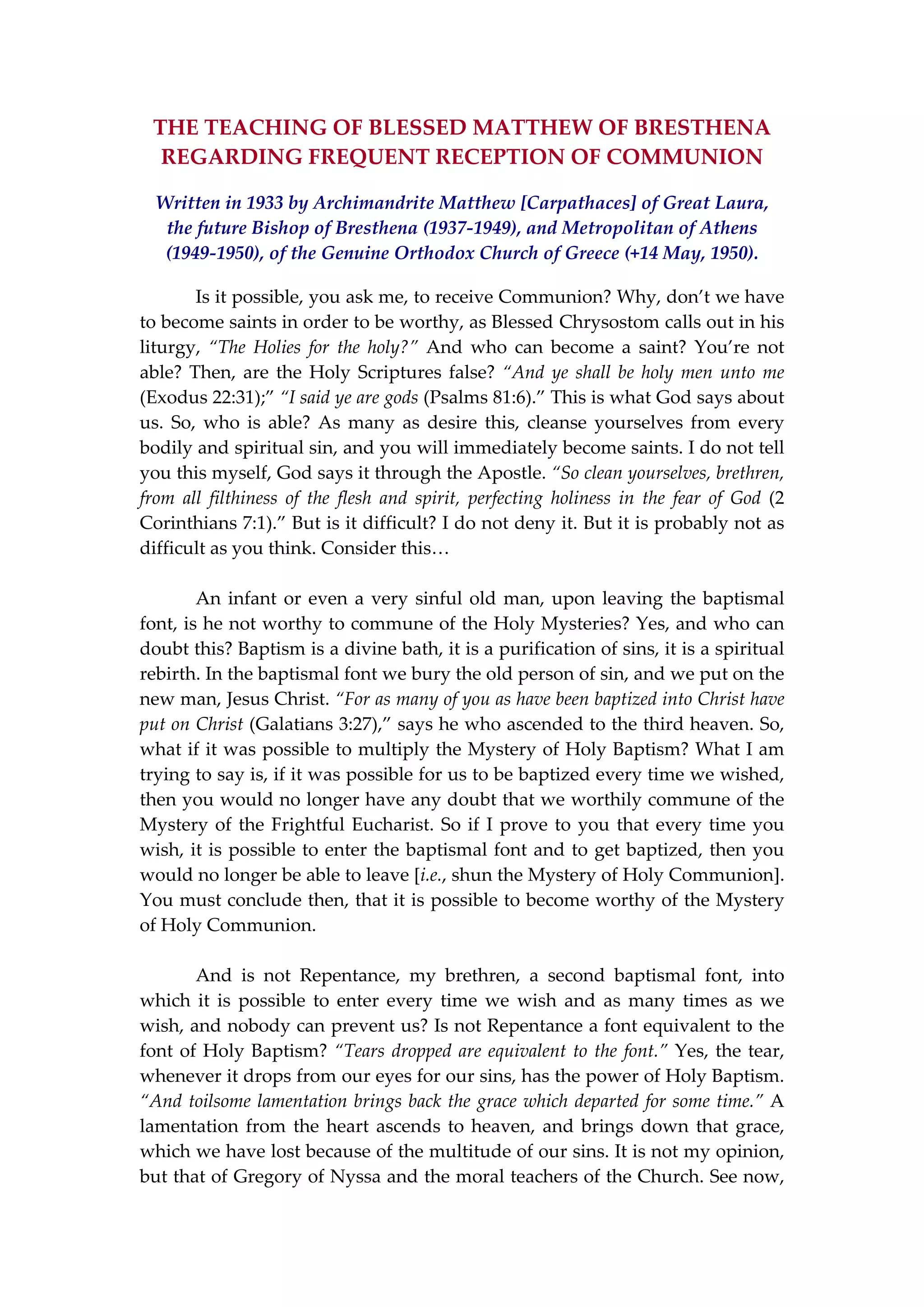 The Teaching of St. Matthew of Bresthena Regarding Frequent Communion | PDF