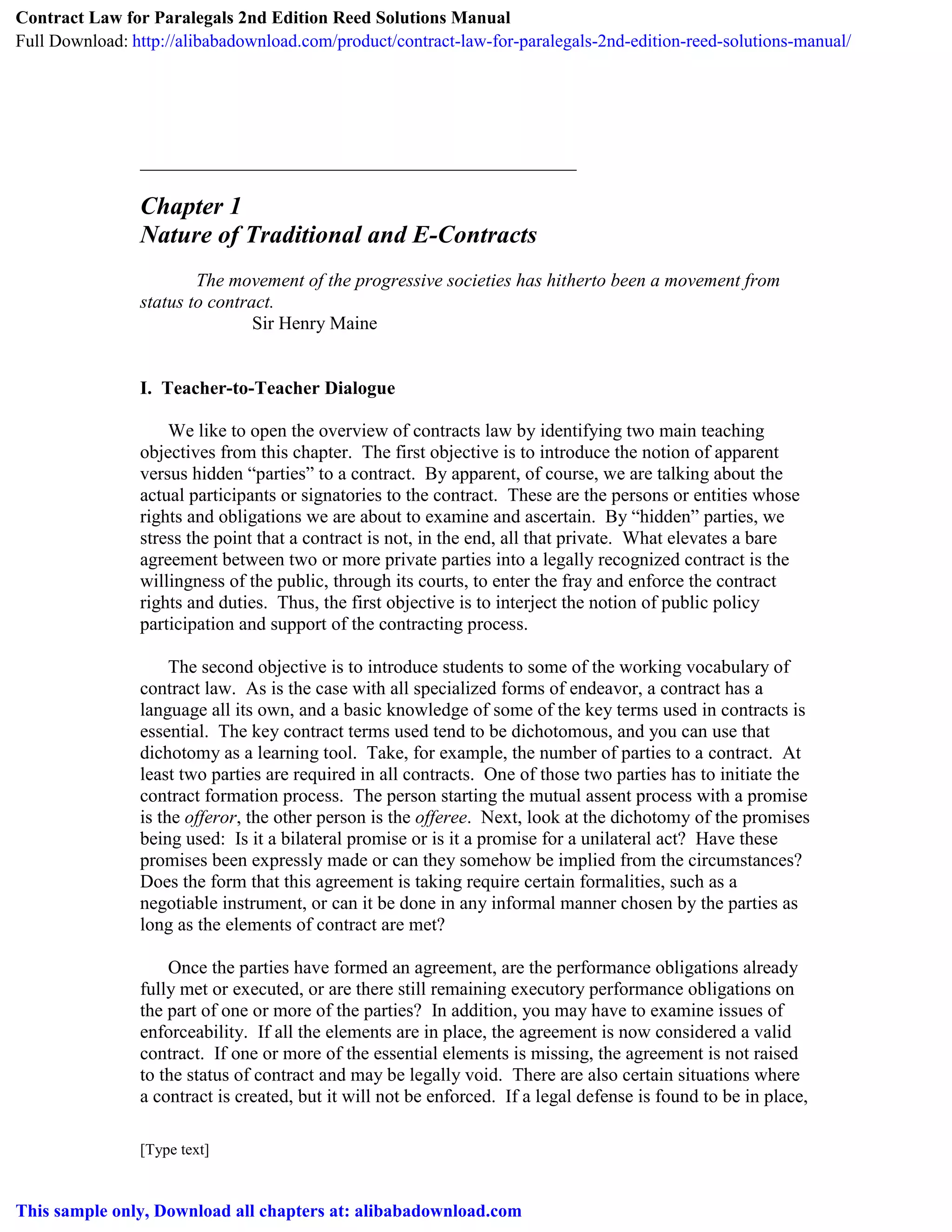 Contract Law for Paralegals 2nd Edition Reed Solutions Manual | PDF ...