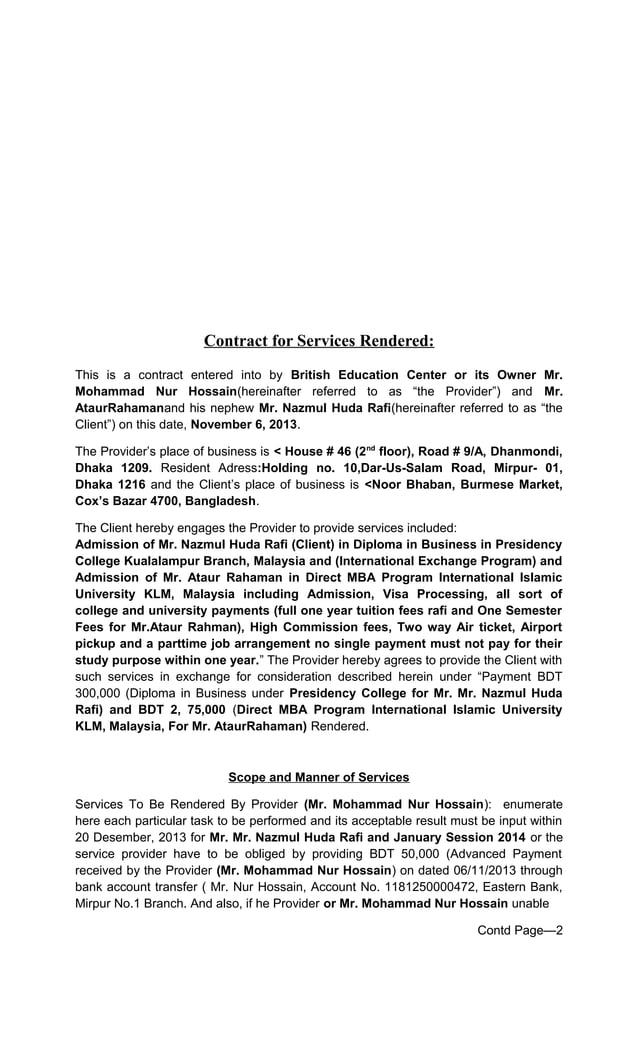 Contract for services rendered | PDF