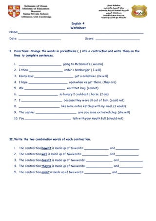 Worksheet: Grammar: Contractions | DOCX