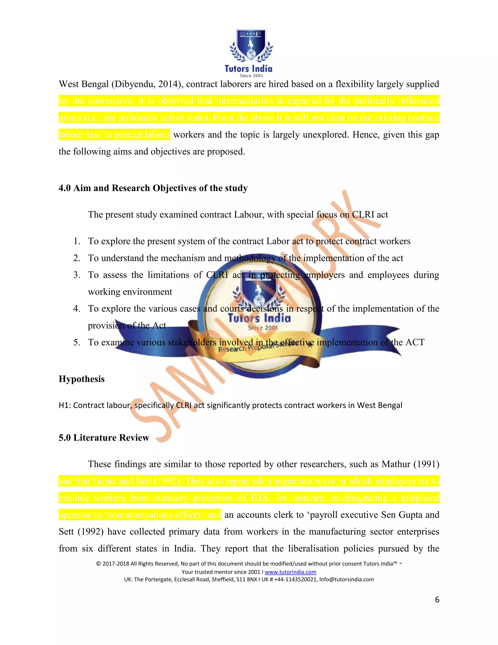 Contract labour law research proposal sample work | PDF