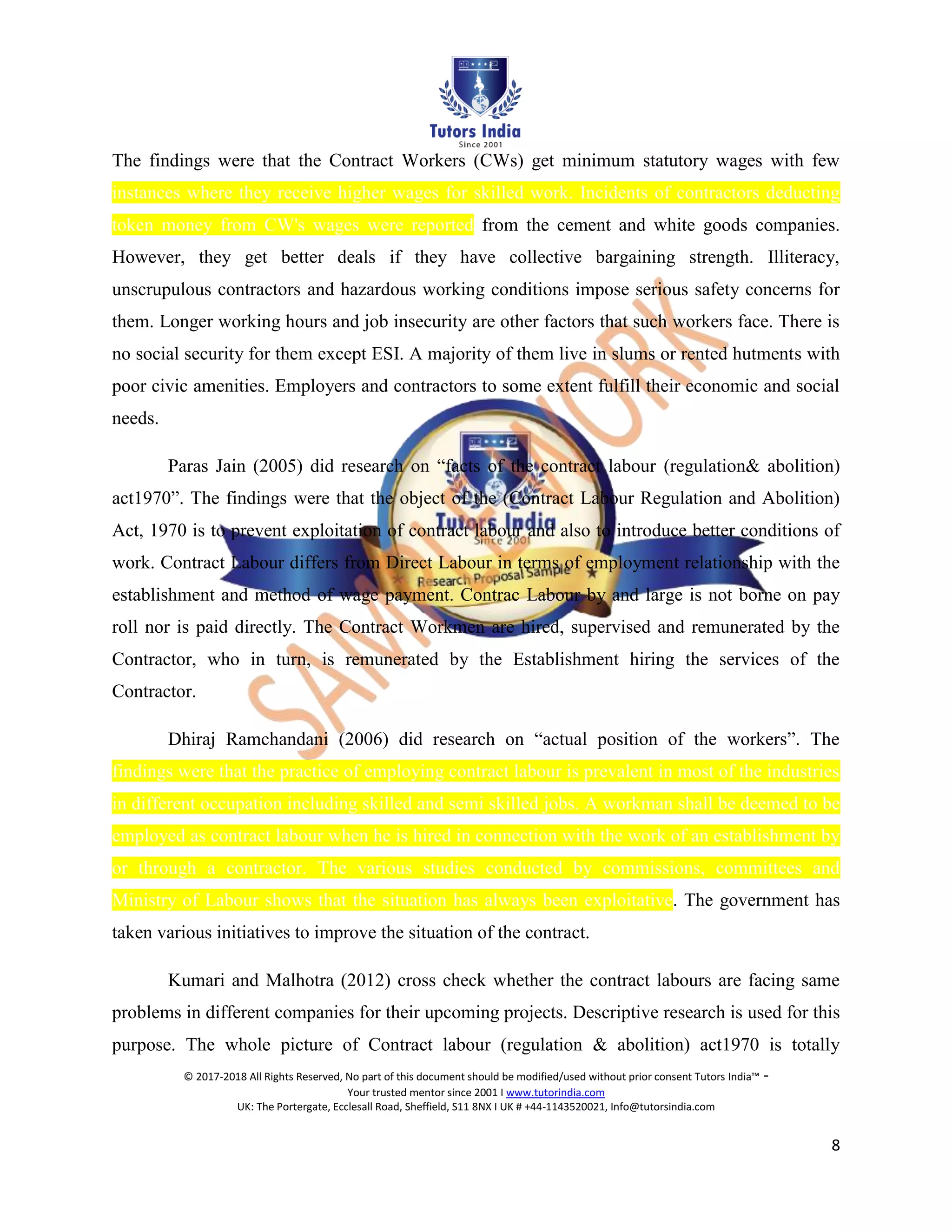 Contract labour law research proposal sample work | PDF