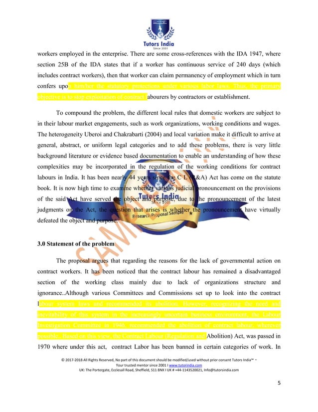 Contract labour law research proposal sample work | PDF