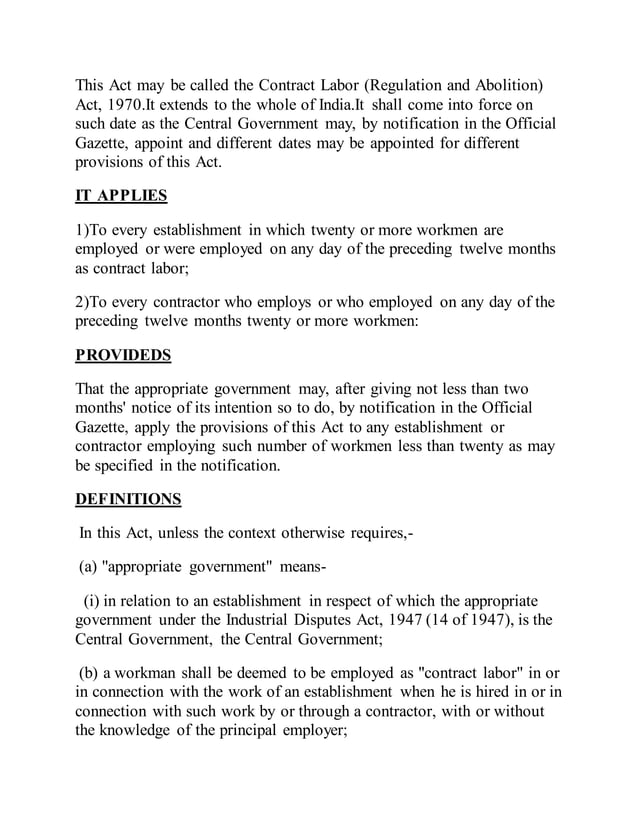 Contract Labor Act 1970 Report | DOCX | Law