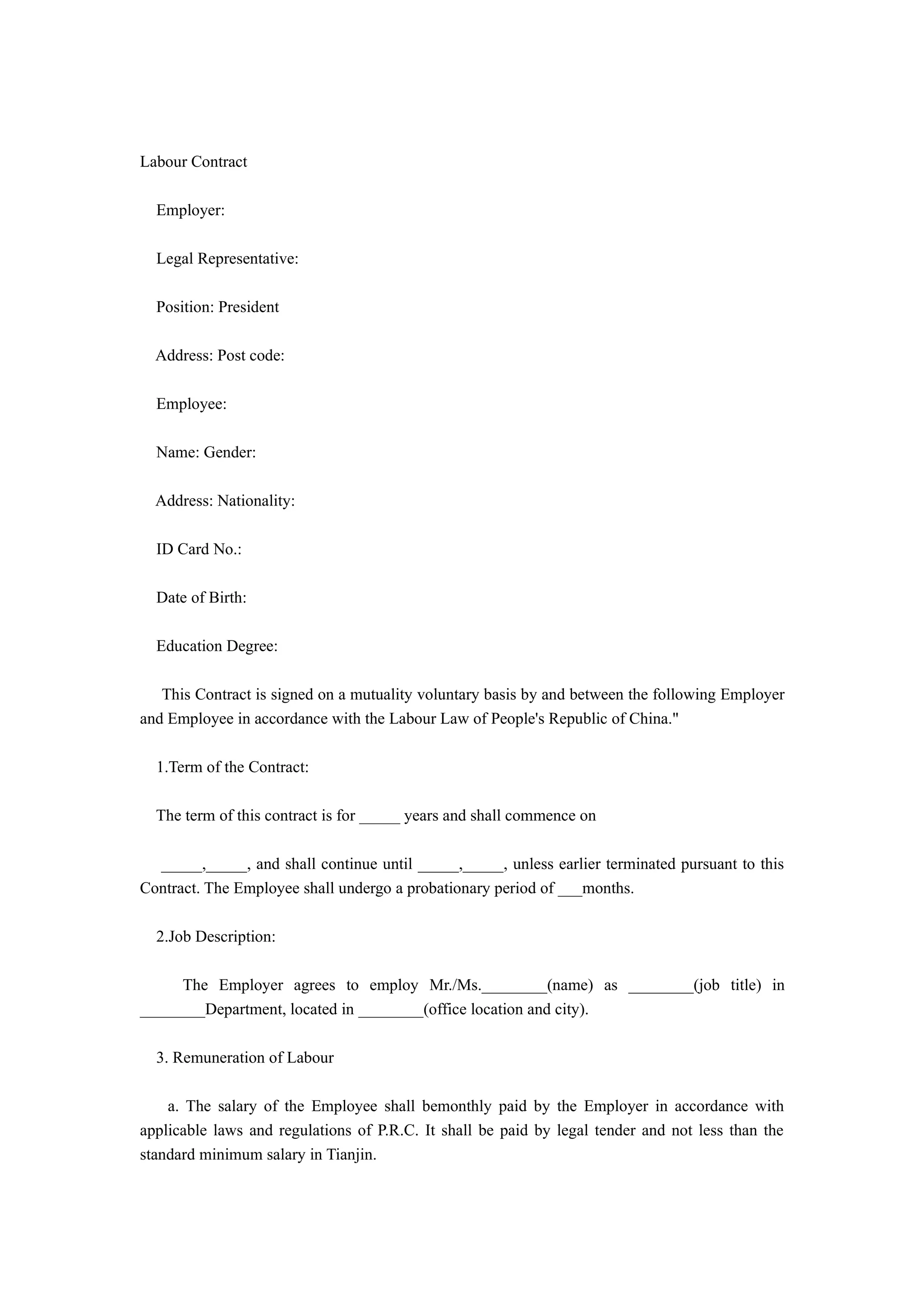 Contract of labour sample | DOC