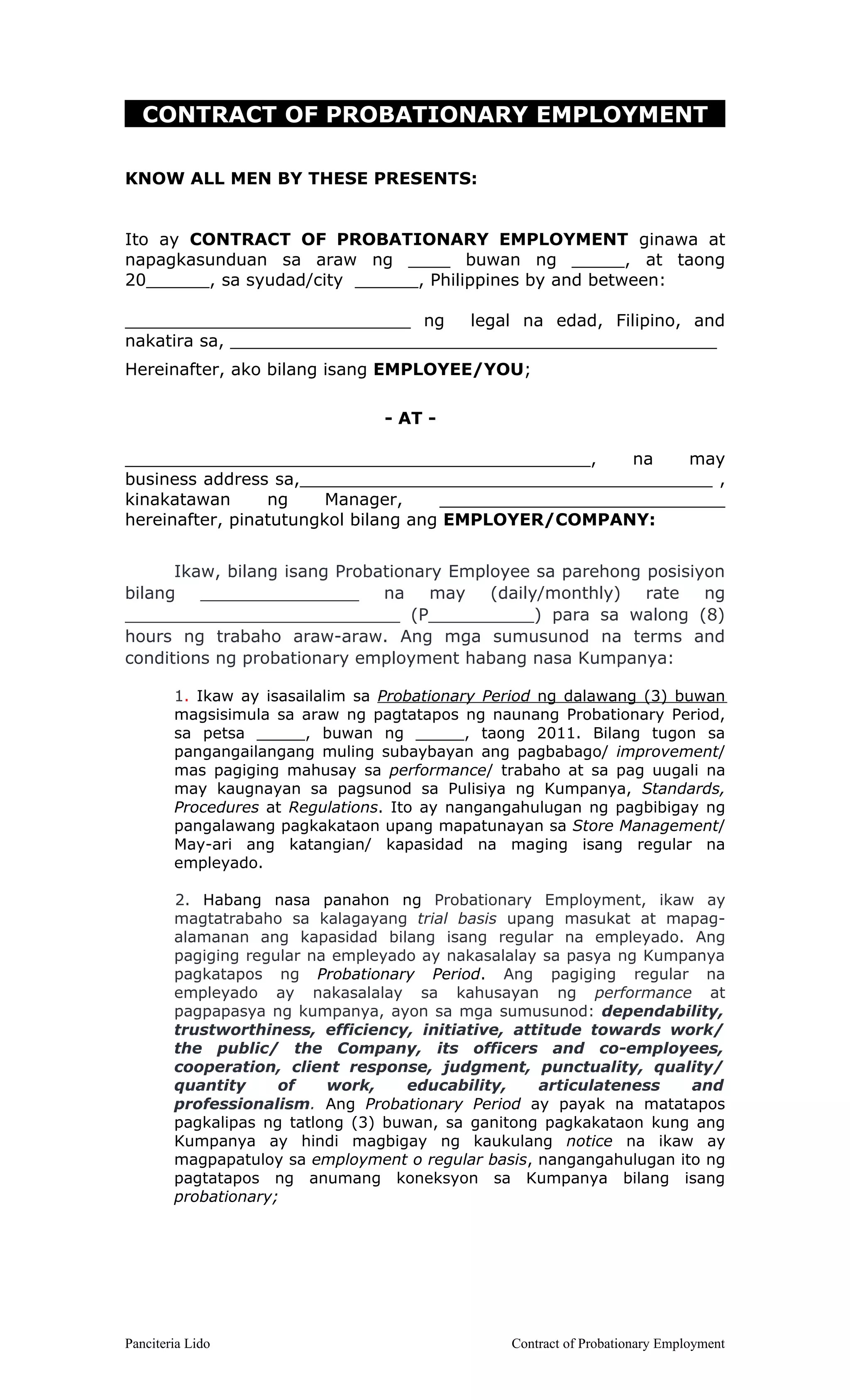 Contract of probationary employment fil bf | DOC