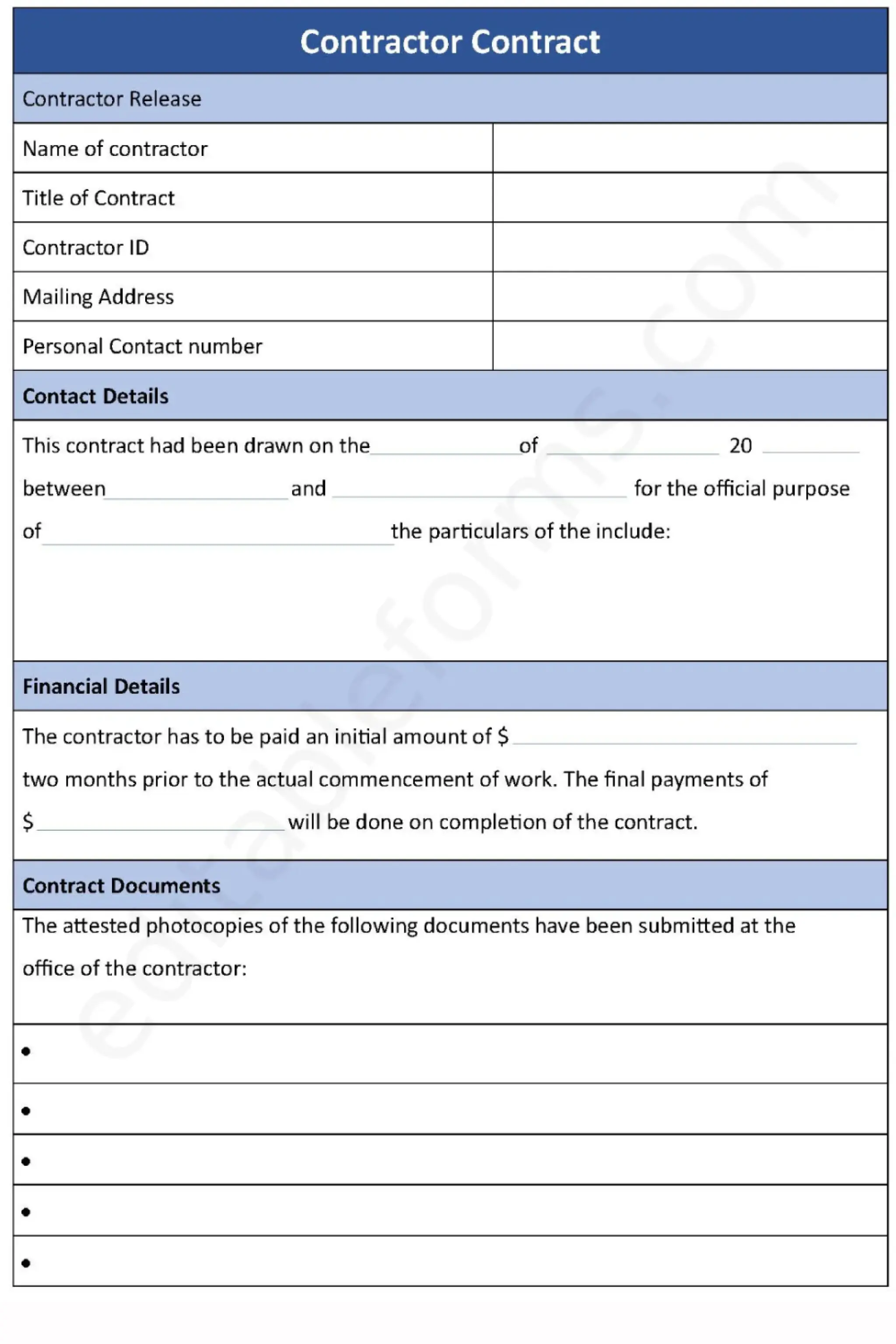 Contractor Contract Fillable PDF Template | PDF