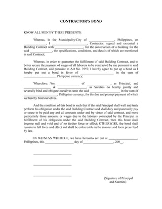 Contractor's bond | DOC | Stocks and Bonds | Personal Investing