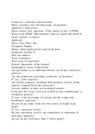 Contractor’s Insurance QuestionnairePlease carefully read and | PDF