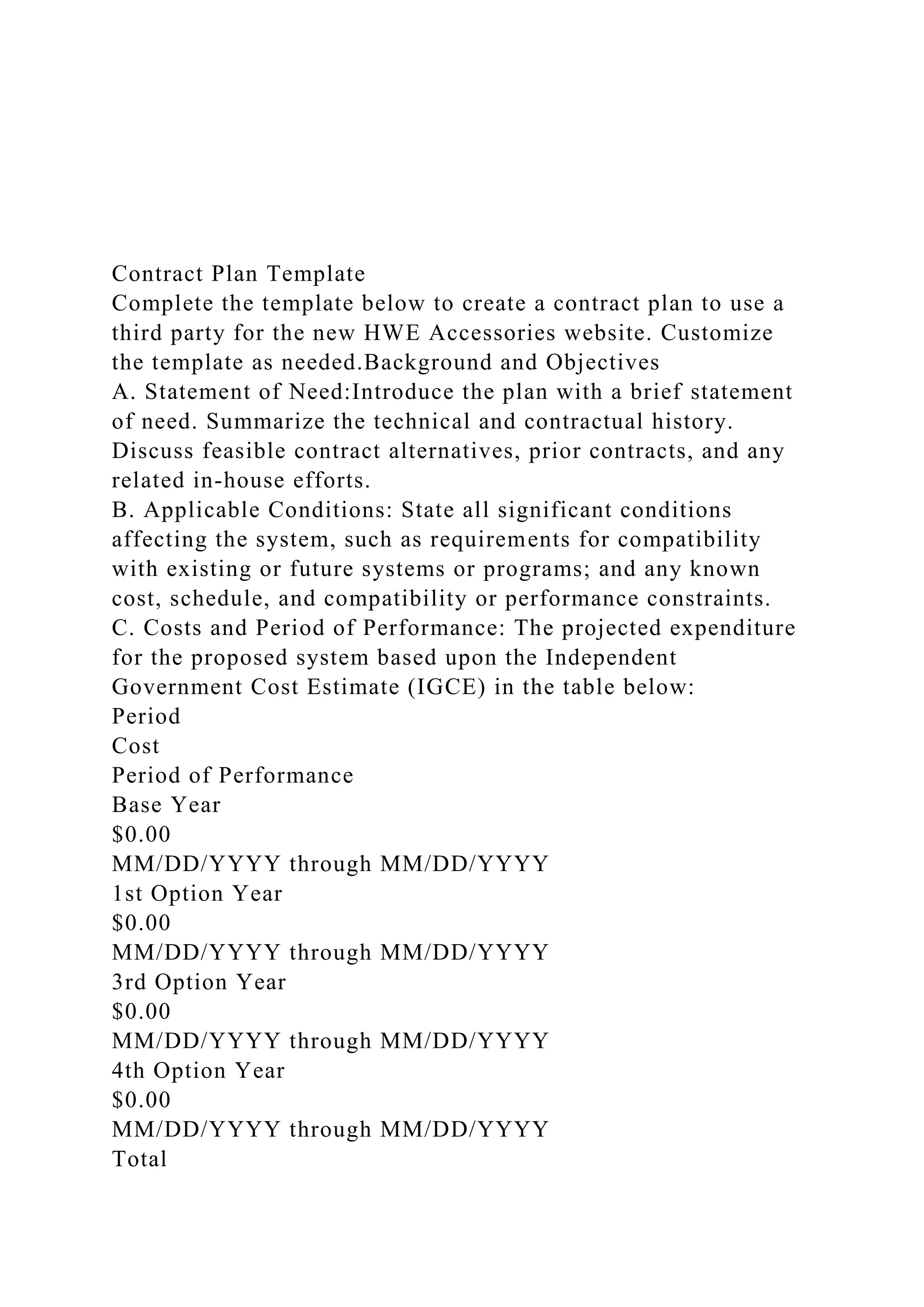 Contract Plan TemplateComplete the template below to creat.docx | Logistics | Business