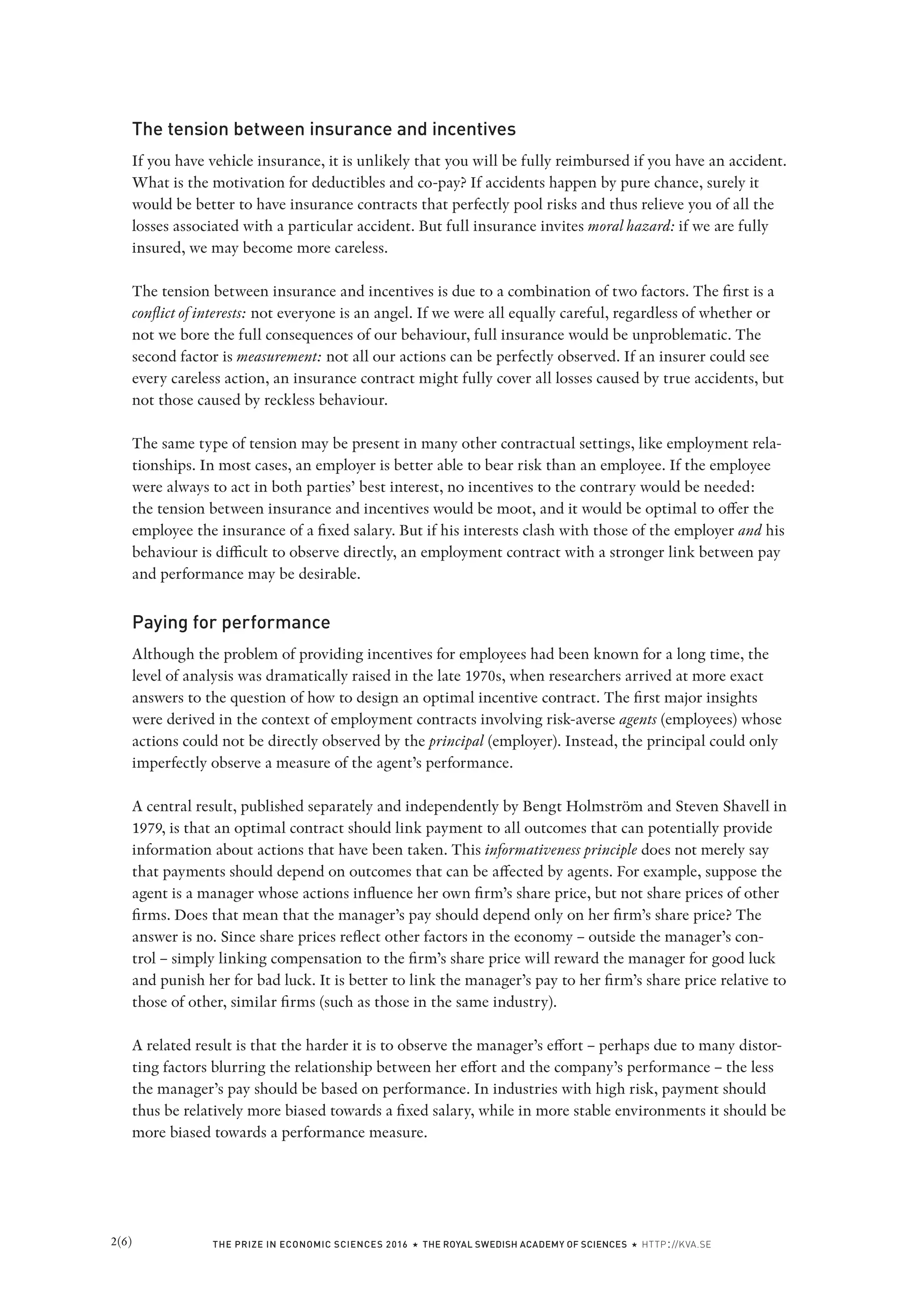 Contract Theory - The Nobel Prize in Economic Sciences 2016 | PDF