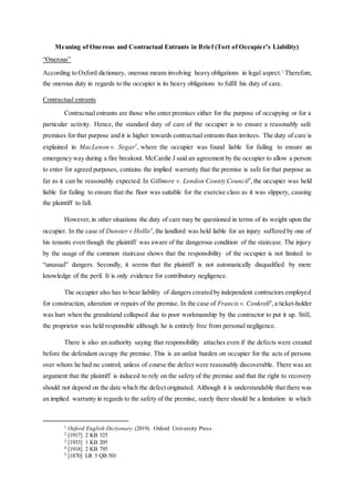Meaning of Onerous and Contractual Entrants (Tort - Occupier's ...