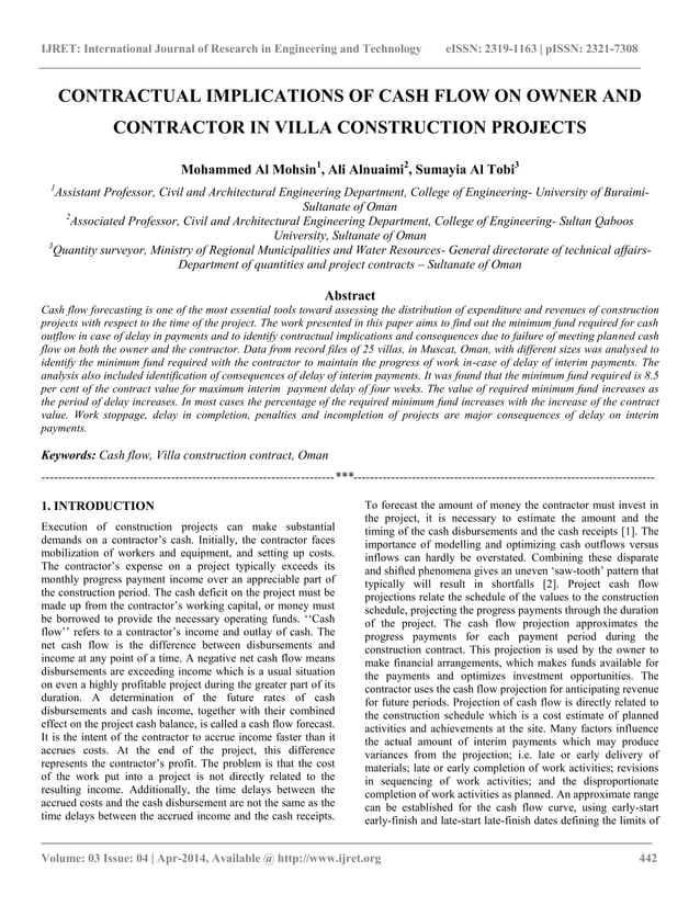 Contractual implications of cash flow on owner and contractor in villa ...