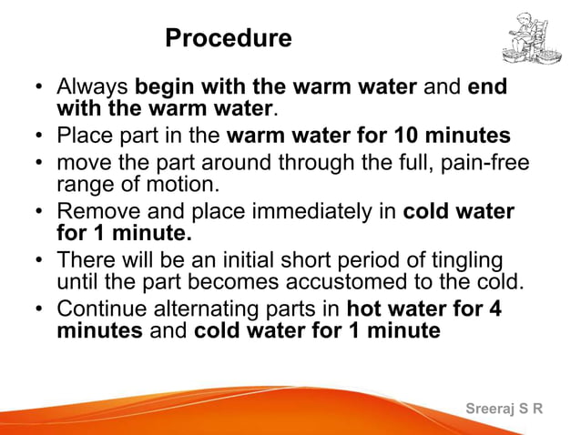 Contrast Bath in Physiotherapy SRS | PPTX | First Aid | Injuries