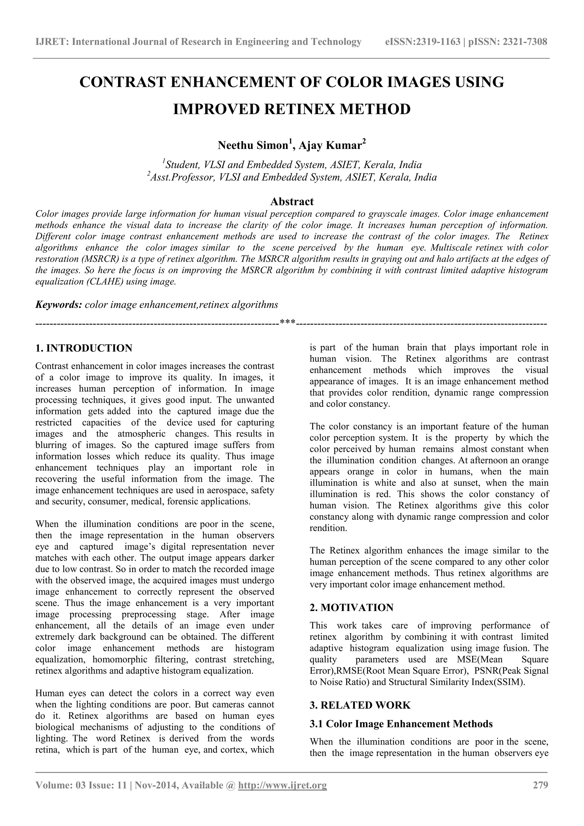 Contrast enhancement of color images using improved retinex method | PDF