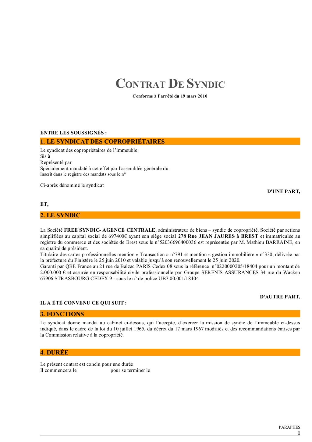 Contrat type de syndic par Free Syndic