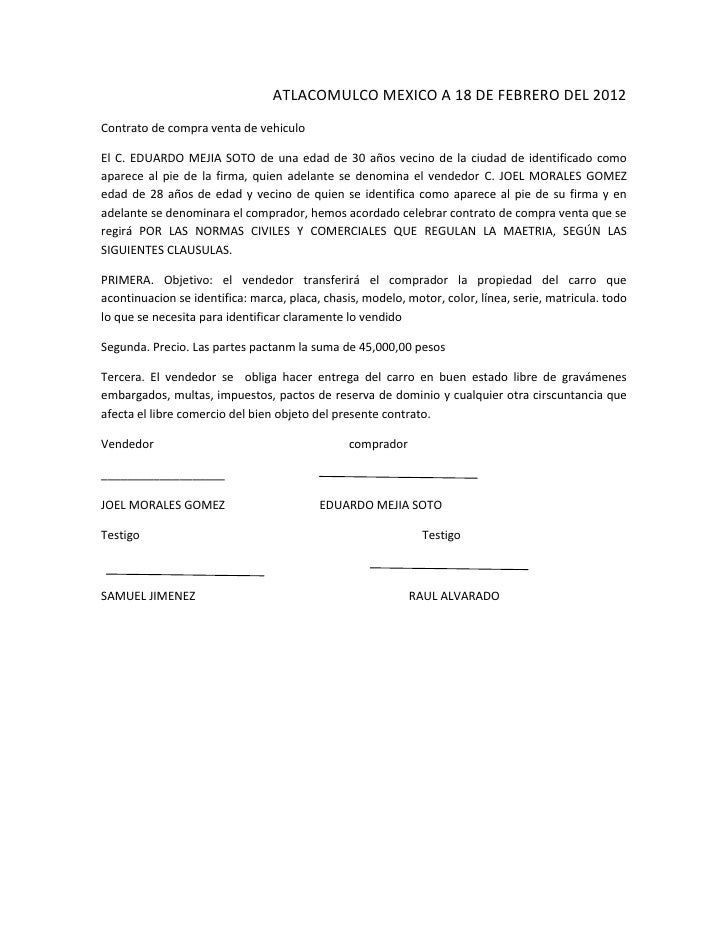 Contrato De Compra Venta De Auto Para Imprimir
