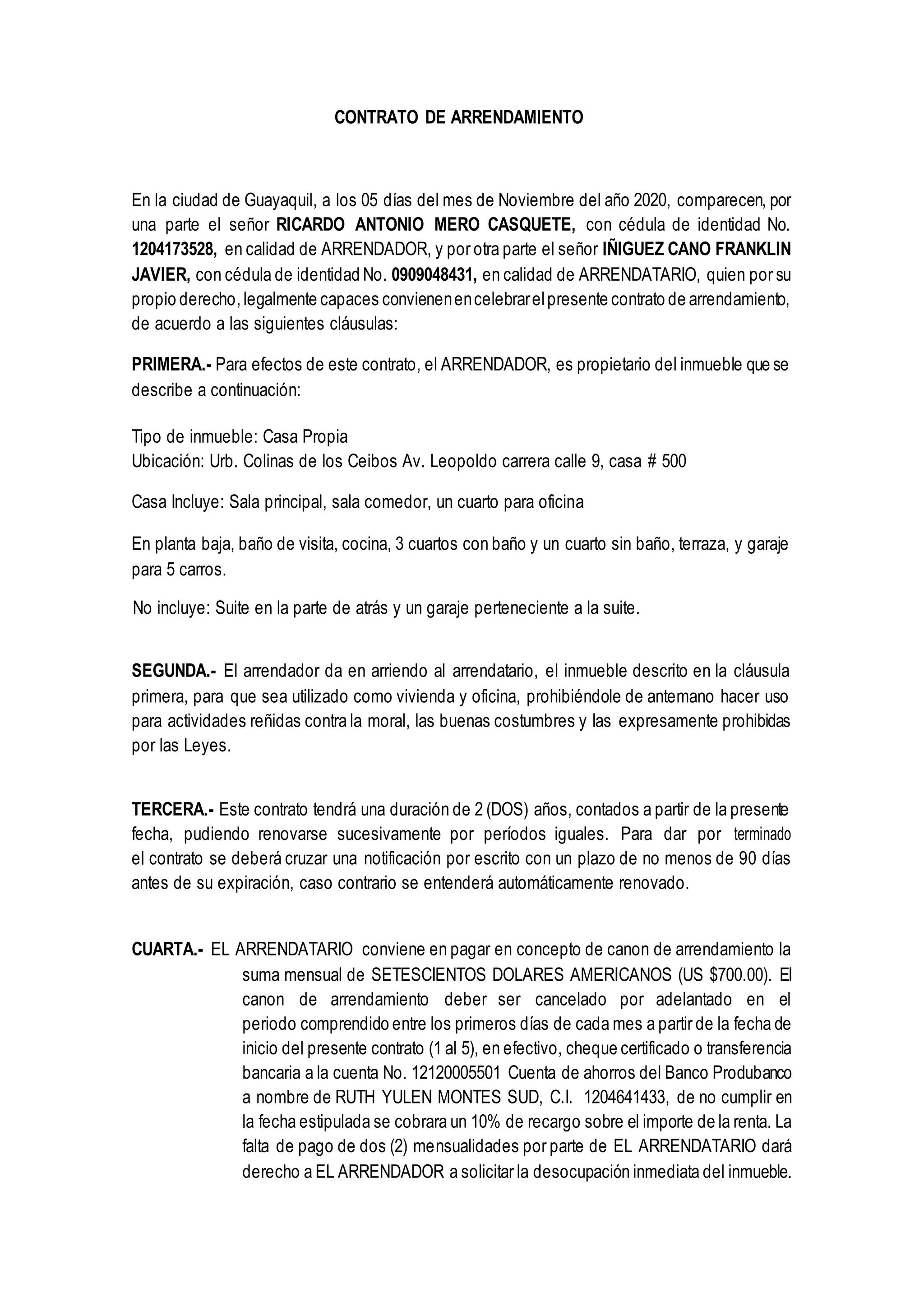 Contrato de arrendamiento | DOCX