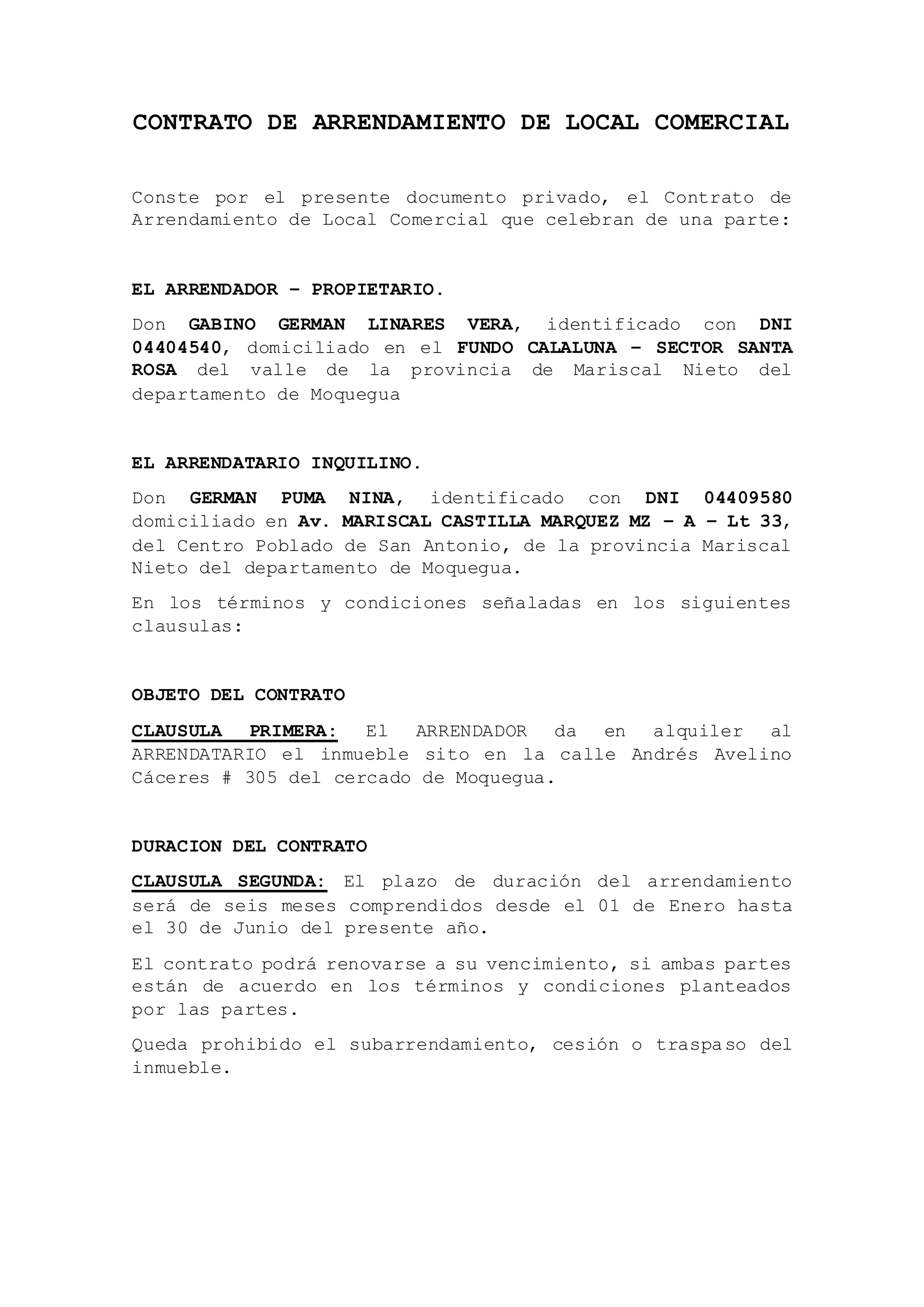 Contrato de arrendamiento de local comercial moquegua | PDF