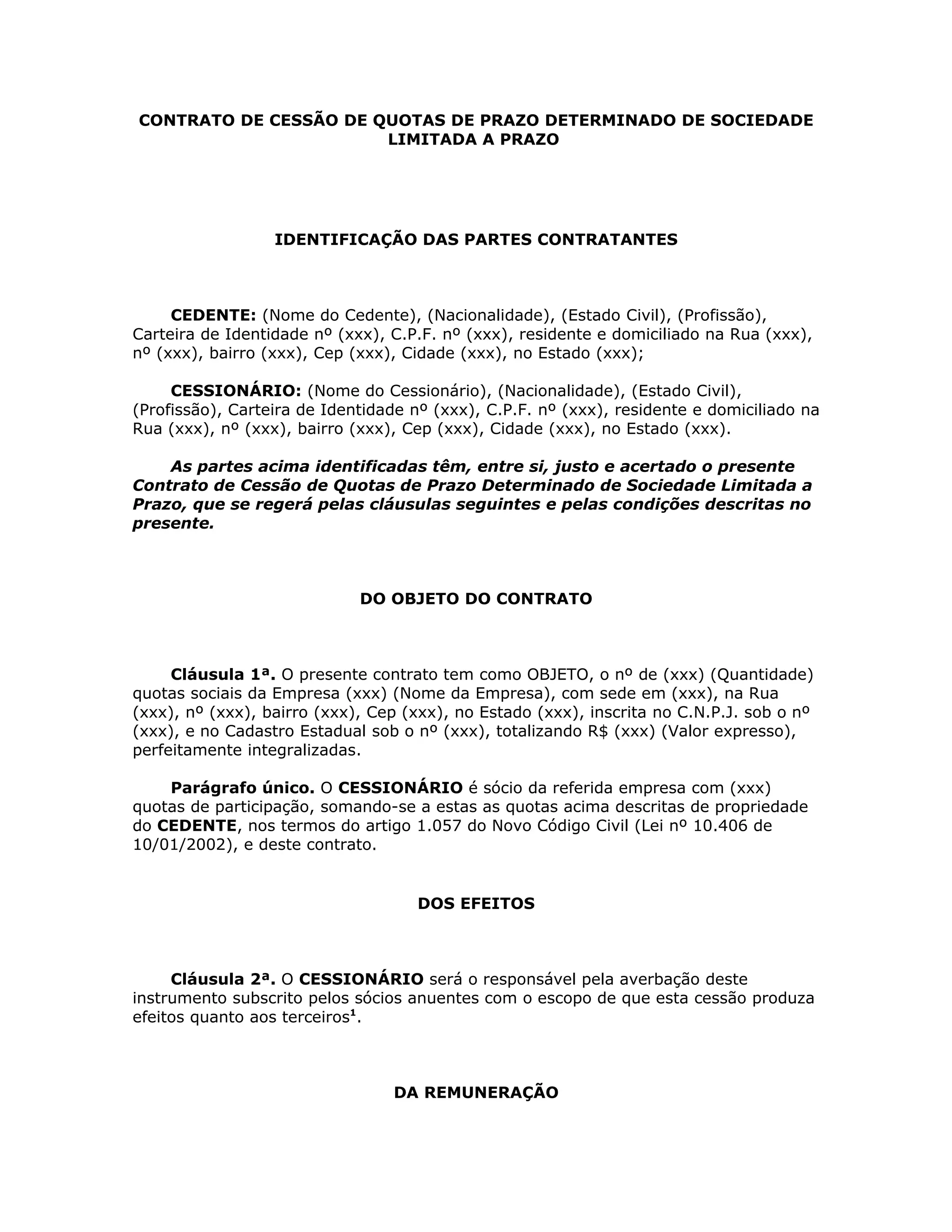 Contrato De CessãO De Quotas De Prazo Determinado De Socieda | PDF
