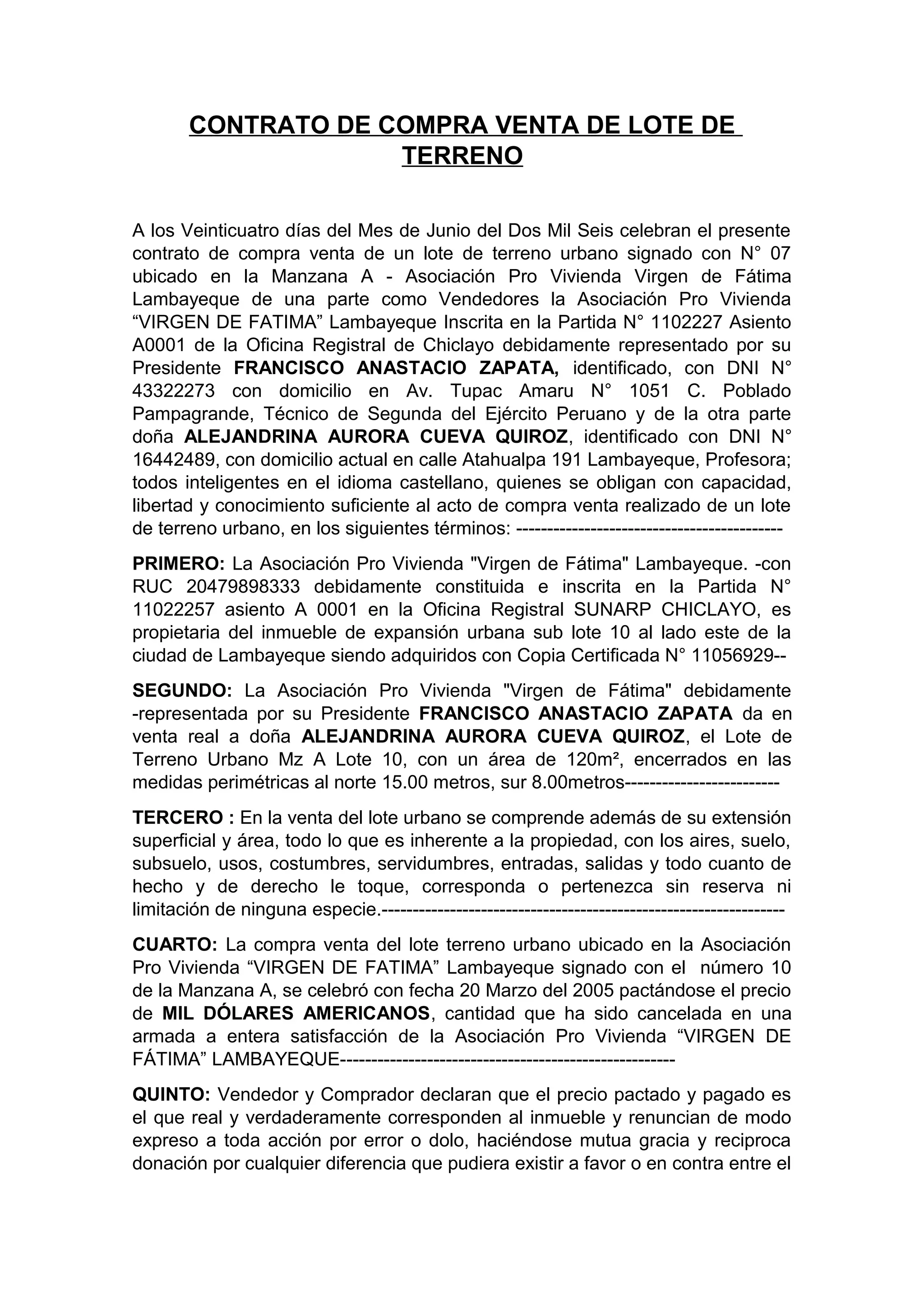 Contrato de compra venta de lote de terreno | DOC