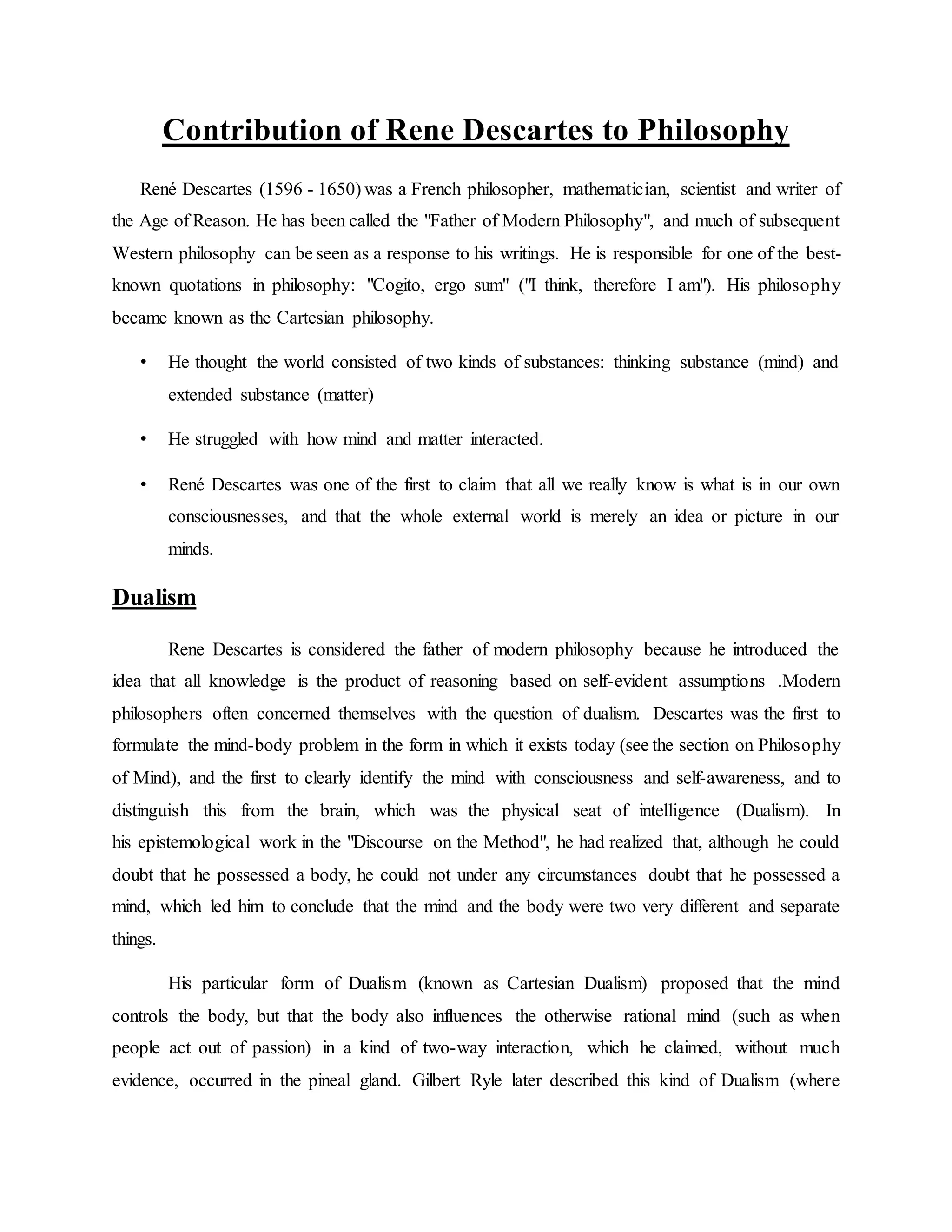 Contribution of rene descartes to philosophy | DOCX