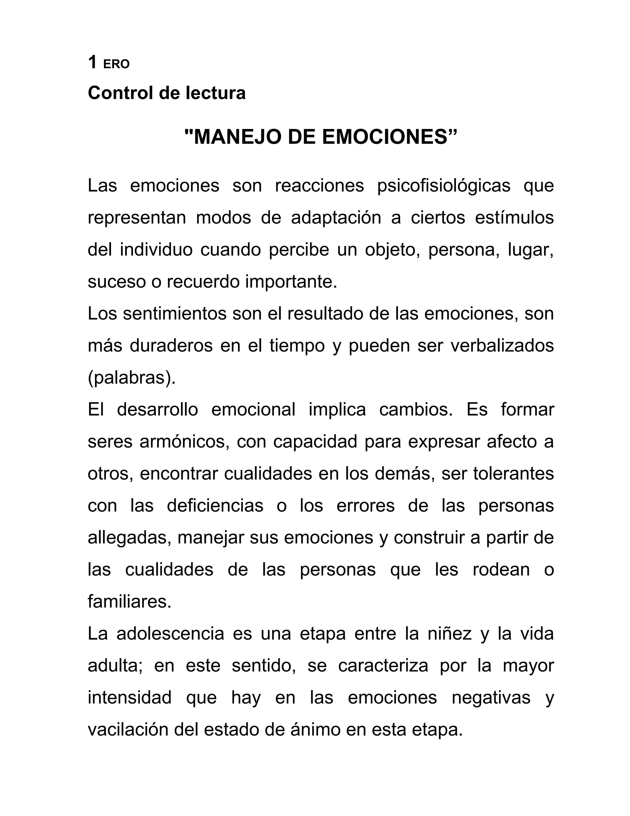 Lectura: Manejo de emociones | PDF