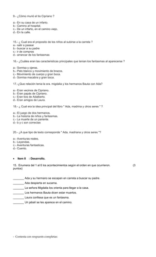 Control de lectura complementaria ada, 4º básico | DOC