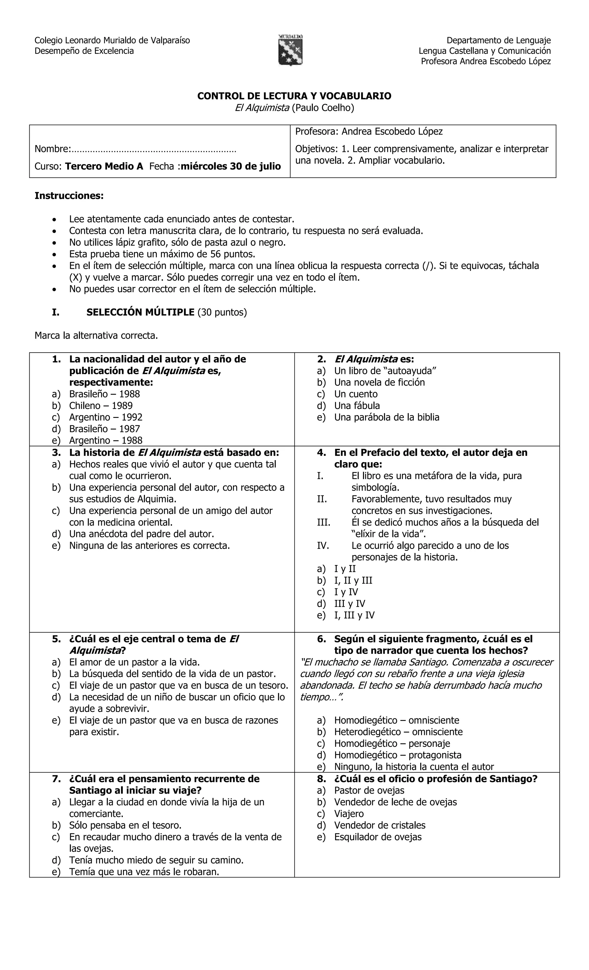 Control de lectura el alquimista | DOCX