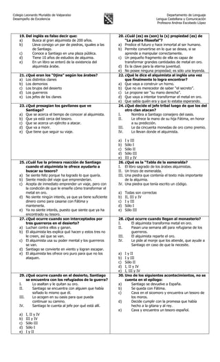 Control de lectura el alquimista | DOCX