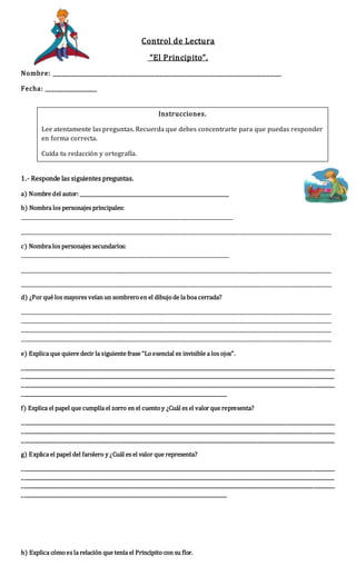 Control de lectura especial el principito | PDF