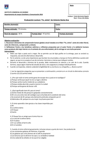 Control de lectura yo, simio | DOC
