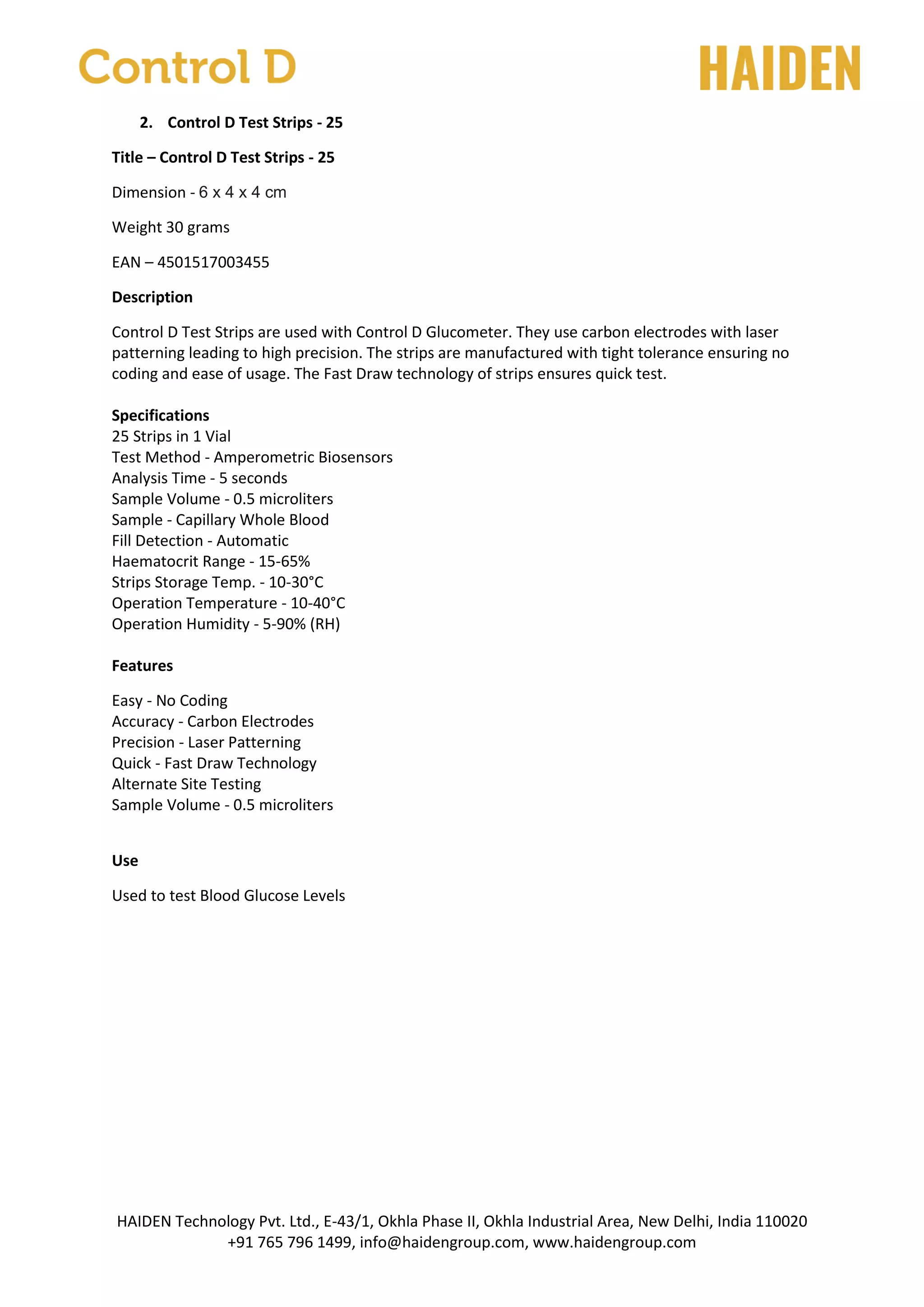 Control D Glucometer Strips Datasheet | PDF