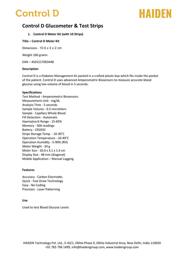Control D Glucometer Strips Datasheet | PDF