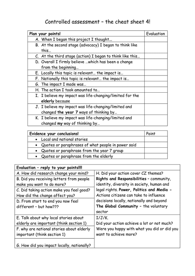Controlled assessment cheat sheet 4 | DOC | Education