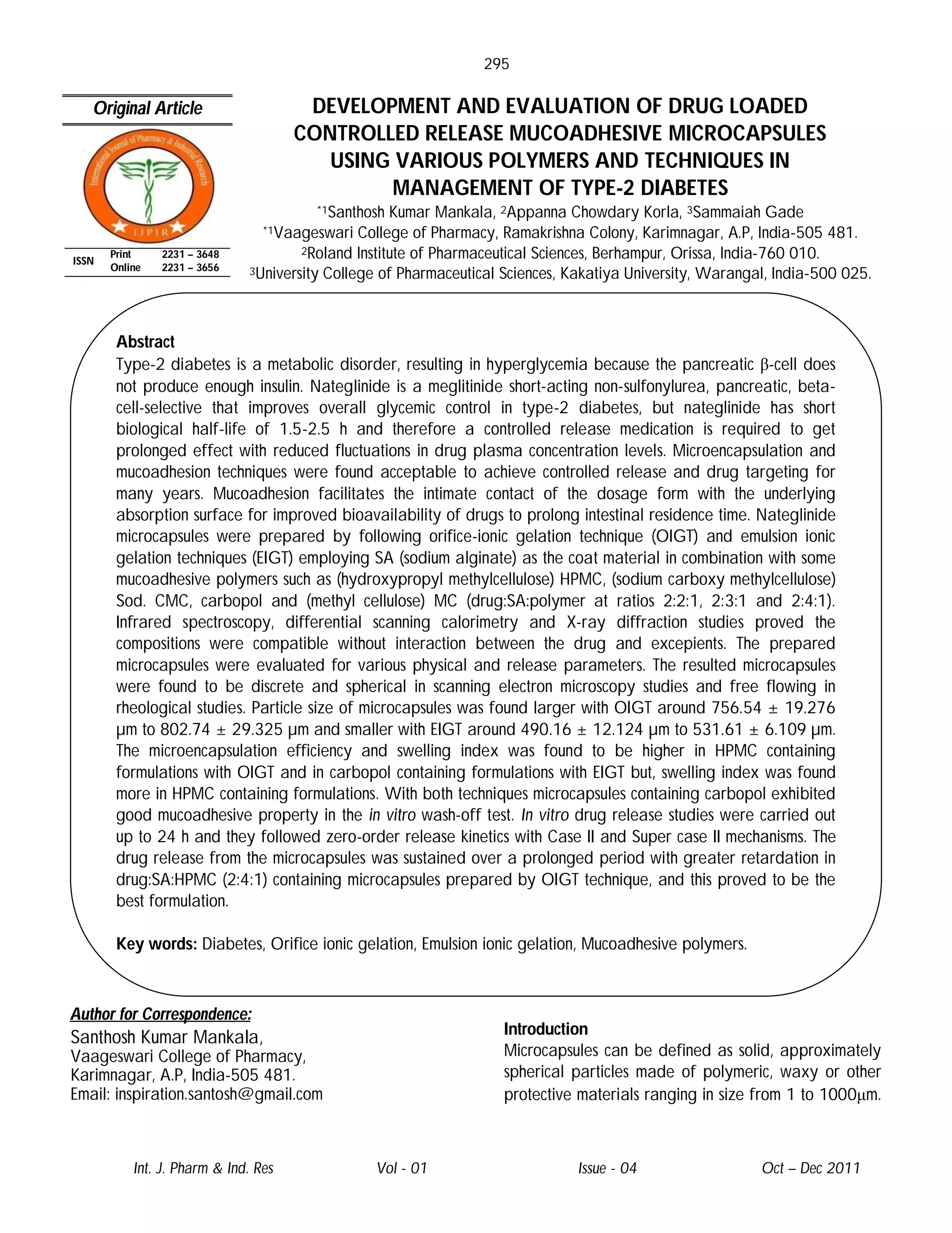 Controlled Release Mucoadhesive Microcapsules Using Various Polymers