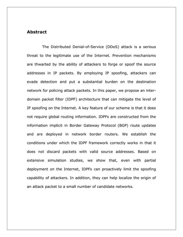 Controlling ip spoofing through inter domain packet filters(synopsis) | PDF