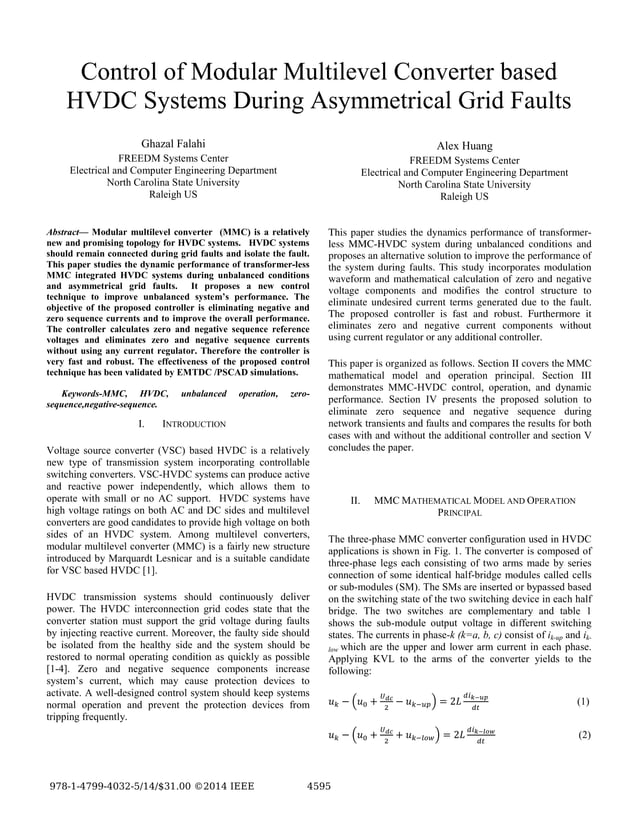 Control of modular multilevel converter based hvdc systems during asymmetrical grid faults | PDF